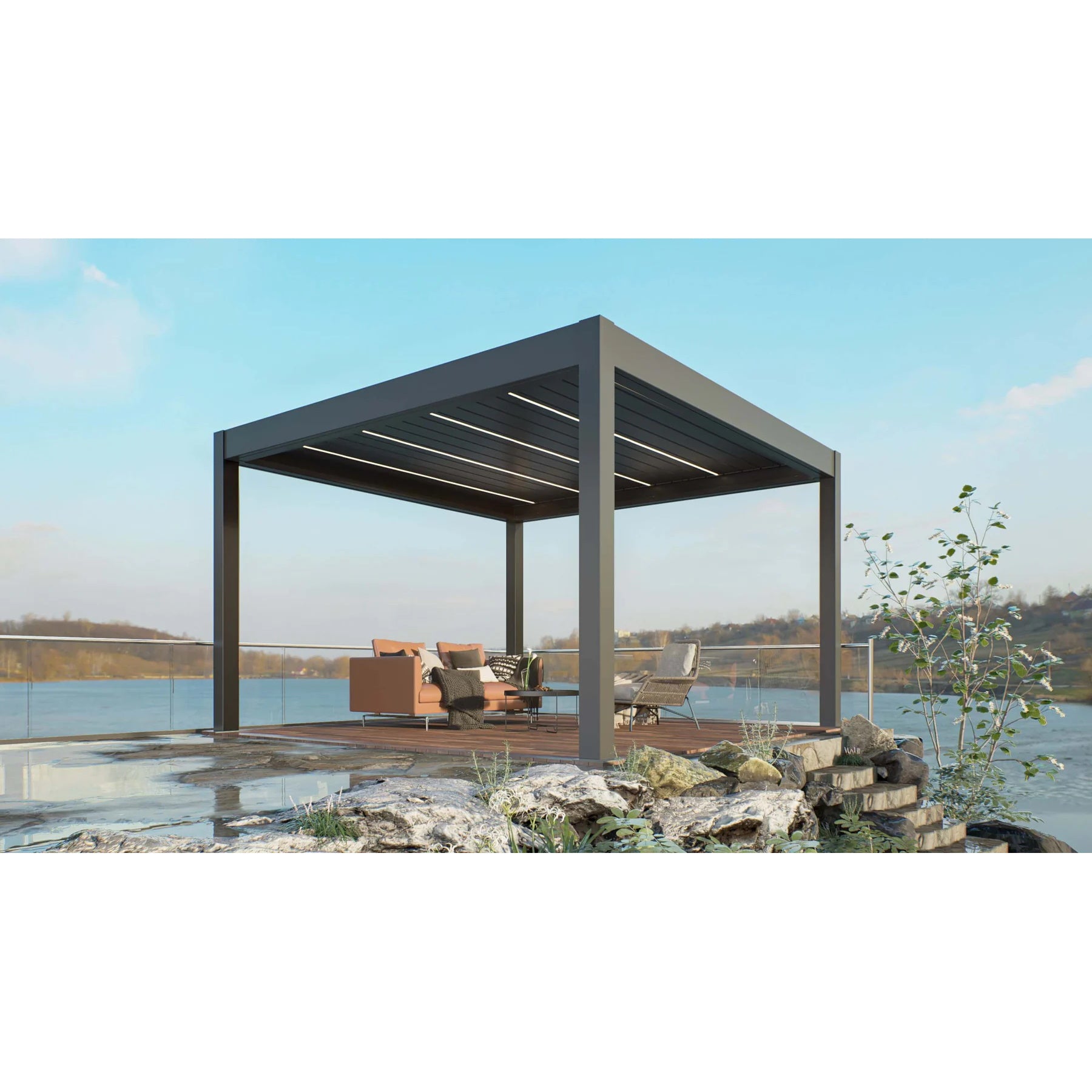 Bon Pergola Weatherproof Motorized Louvered Pergola with Lighting ...